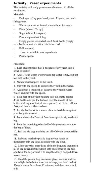 Solved Activity: Yeast experiments This activity will study | Chegg.com