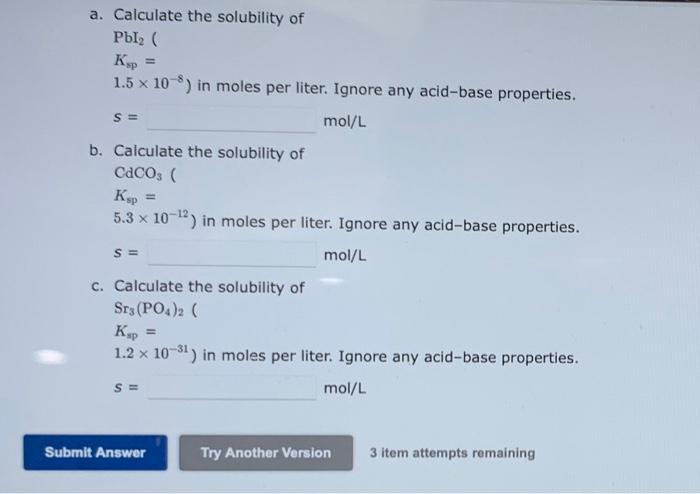 Solved a. Calculate the solubility of Pbl₂ ( Ksp 1.5 x 10 ) | Chegg.com