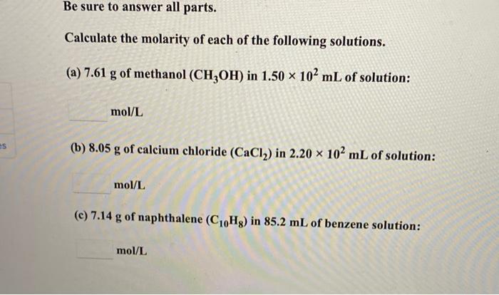 Solved Be sure to answer all parts. Calculate the molarity | Chegg.com