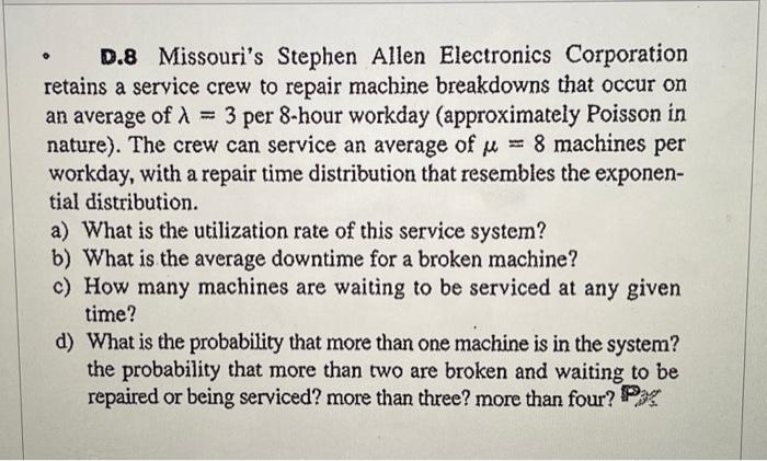 Solved D.8 Missouri's Stephen Allen Electronics Corporation | Chegg.com