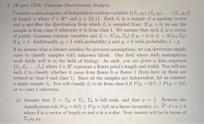 Solved 3. (40 pts) GDA: Gaussian Discriminant Analysis | Chegg.com