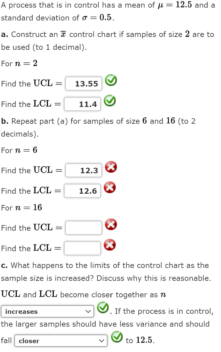 Solved A process that is in control has a mean of μ=12.5 | Chegg.com