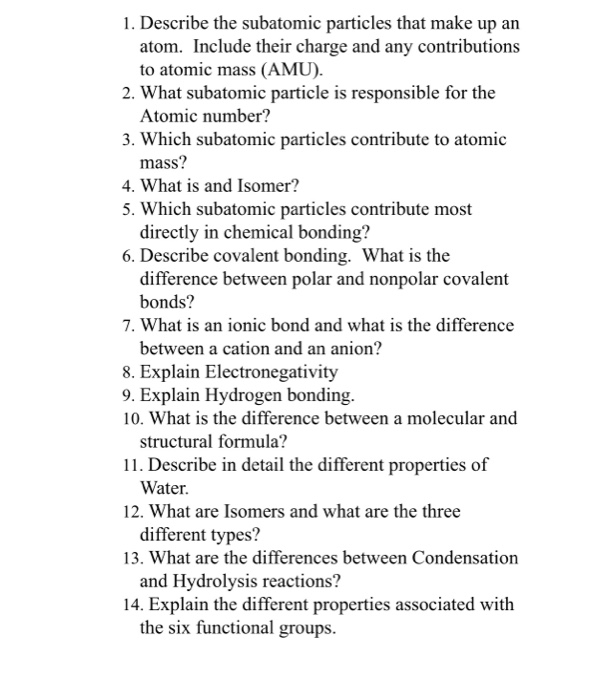 Solved 1. Describe the subatomic particles that make up an | Chegg.com