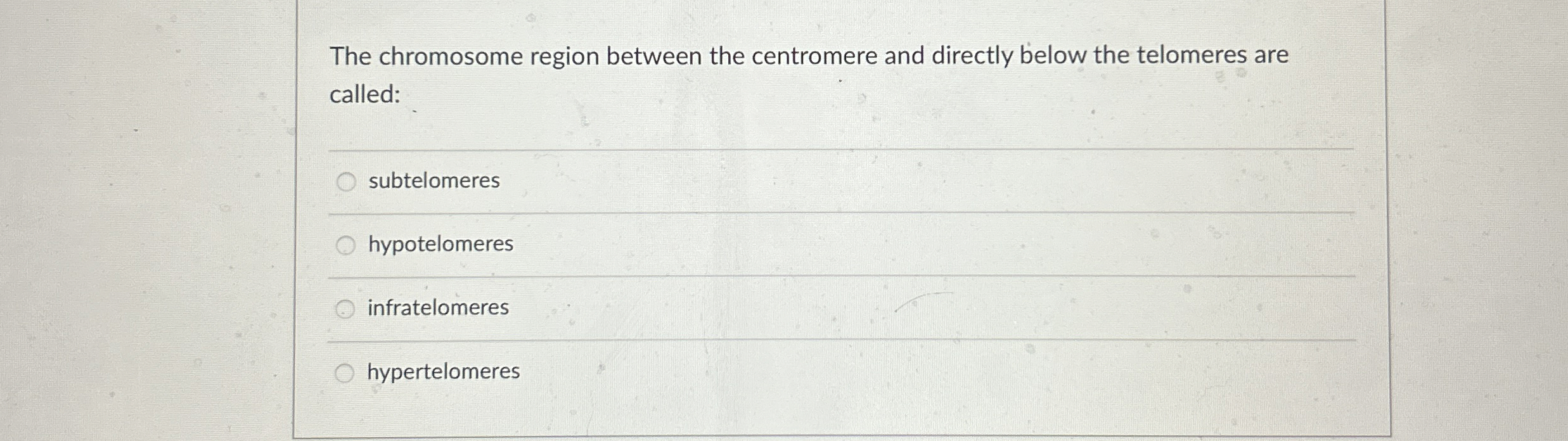 Solved The chromosome region between the centromere and | Chegg.com