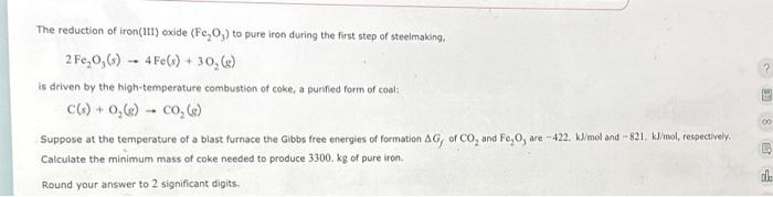 Solved The reduction of iron (III) oxide (Fe2O3) to pure | Chegg.com