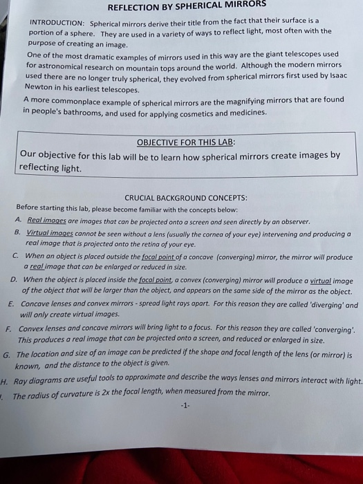 Solved REFLECTION BY SPHERICAL MIRRORS INTRODUCTION: | Chegg.com