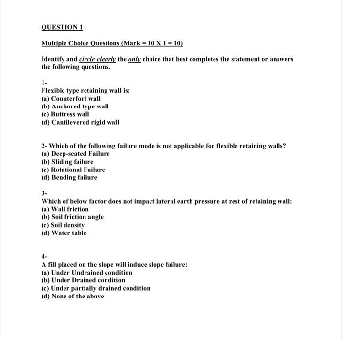 Solved QUESTION 1 Multiple Choice Questions (Mark = 10 X 1 = | Chegg.com
