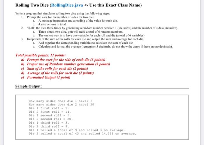 Solved Rolling Two Dice (Rolling Dice.java