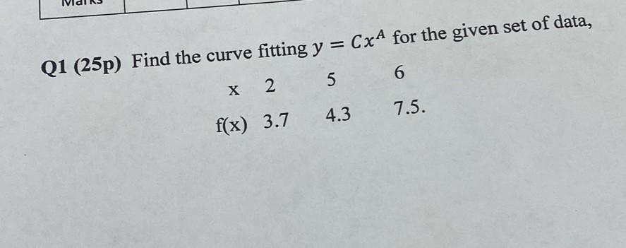 Solved 01 (25p) Find the curve fitting y=CxA for the given | Chegg.com