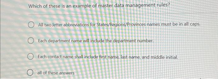 Solved Which of these is an example of master data | Chegg.com