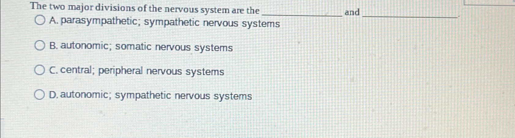 Solved The two major divisions of the nervous system are the | Chegg.com