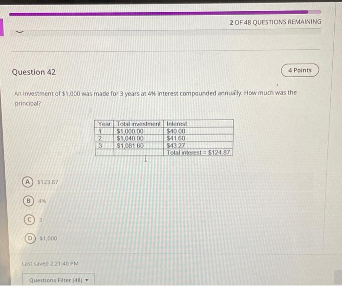 Solved An investment of $1,000 was made for 3 years at 4% | Chegg.com