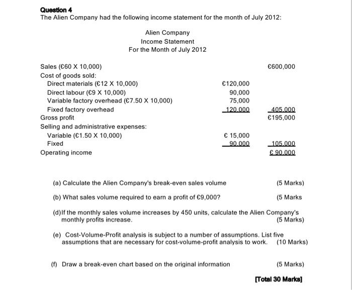 Solved Question 4 The Alien Company had the following income | Chegg.com