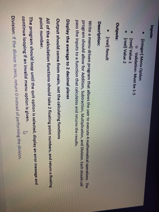 Solved Inputs Integer Menu Option O Validation Must Be