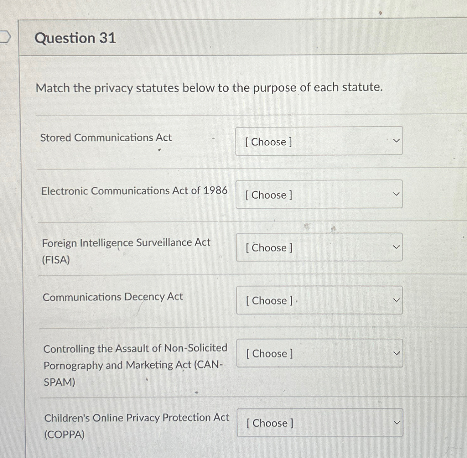 Solved Question 31Match the privacy statutes below to the | Chegg.com