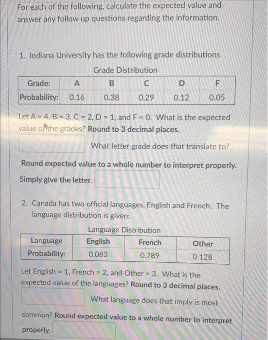 Solved For each of the following, calculate the expected | Chegg.com