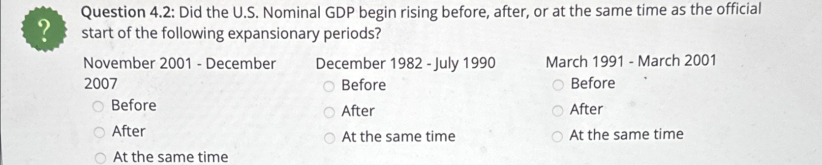 Solved Question 4.2: Did the U.S. ﻿Nominal GDP begin rising | Chegg.com