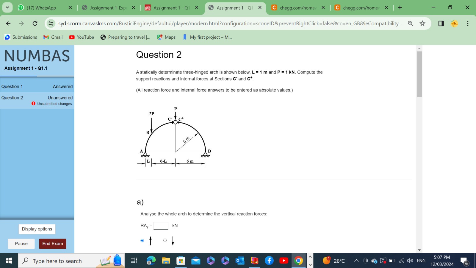 Solved Question 2A statically determinate three-hinged arch | Chegg.com