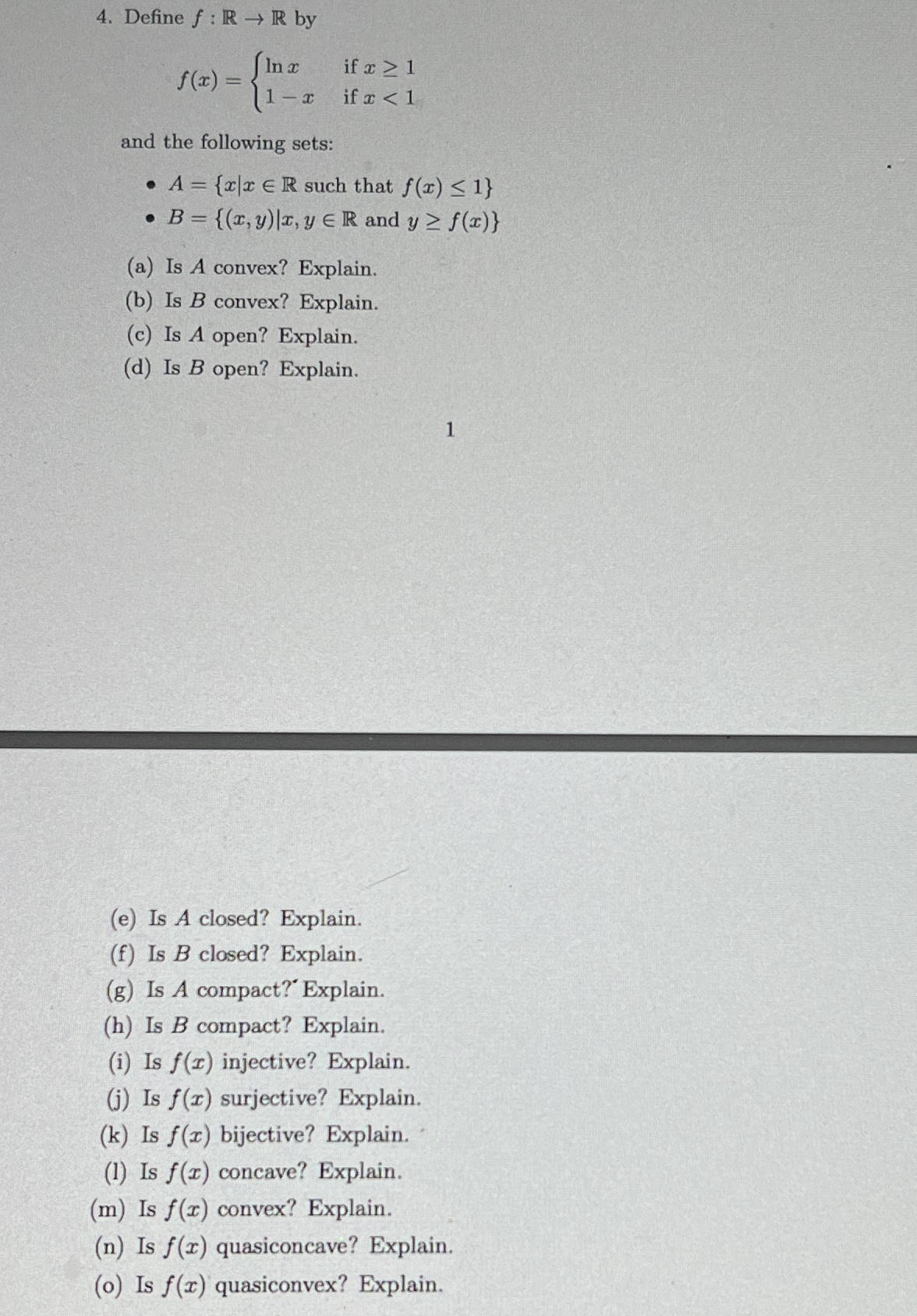Define f:R→R ﻿byf(x)={lnx if x≥11-x if x