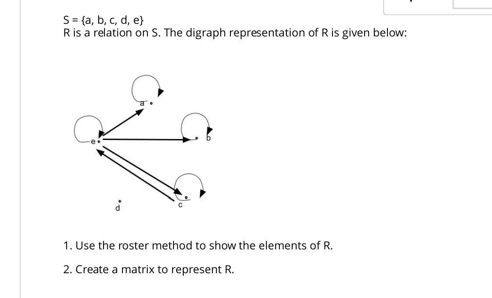 Solved S = {a, b, c, d, e} R is a relation on S. The digraph | Chegg.com