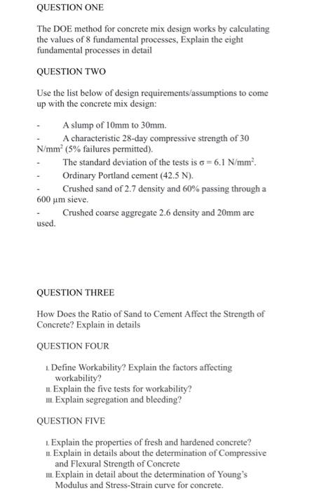 Solved QUESTION ONE The DOE method for concrete mix design | Chegg.com