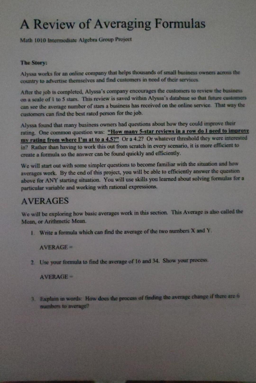 Solved A Review of Averaging Formulas Math 1010 Intermediate | Chegg.com