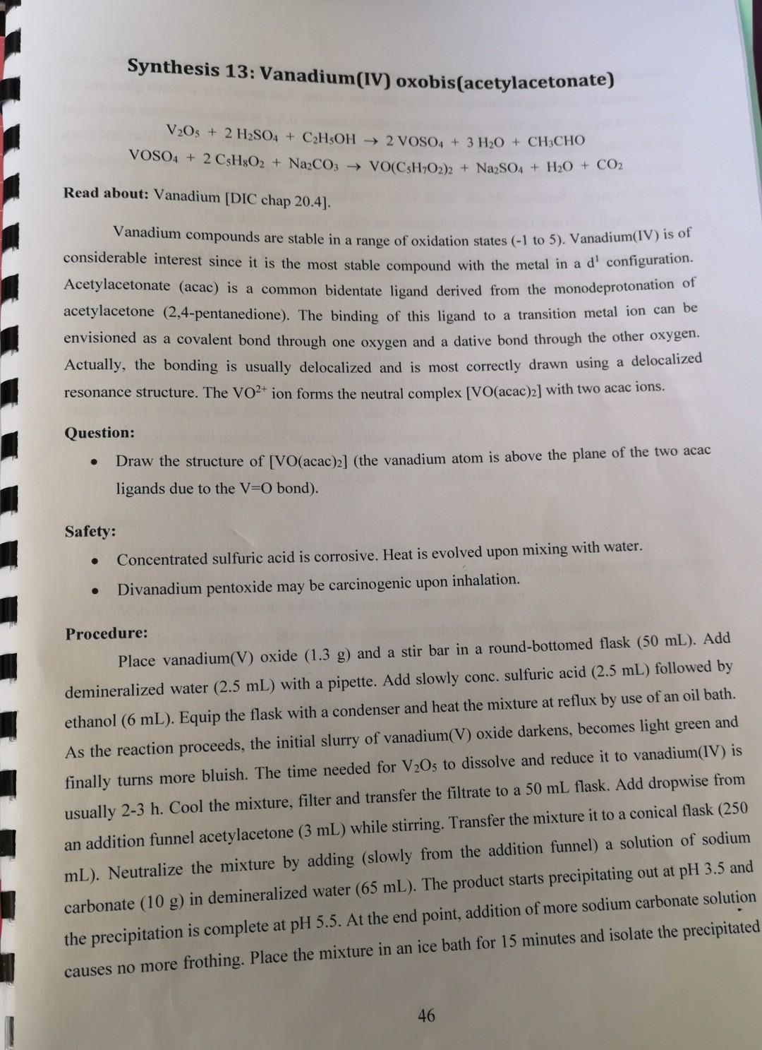 Solved Synthesis 13: Vanadium(IV) oxobis(acetylacetonate) | Chegg.com