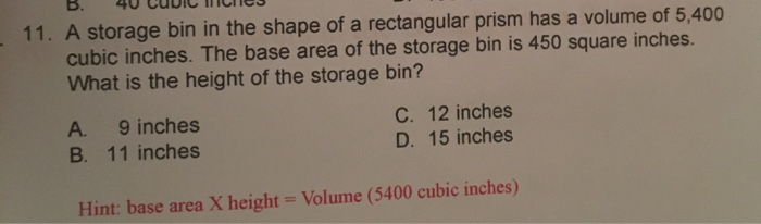 Solved A. 18 cubic inches C. 120 cubic inches B. 40 cubic | Chegg.com