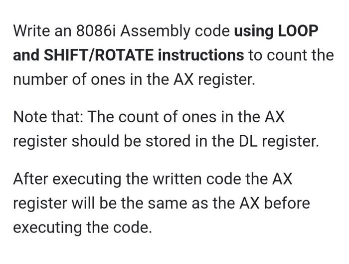 Solved Write an 8086i Assembly code using LOOP and | Chegg.com Solved Write an 8086i Assembly code using LOOP and | Chegg.com