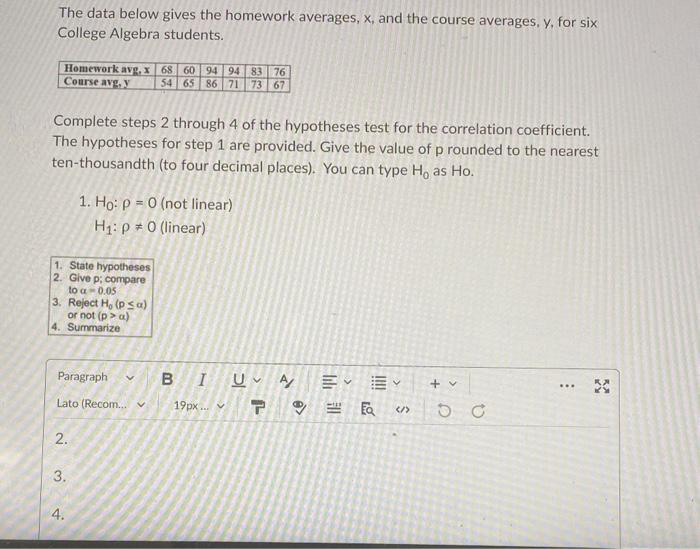 Solved The data below gives the homework averages, x, and | Chegg.com