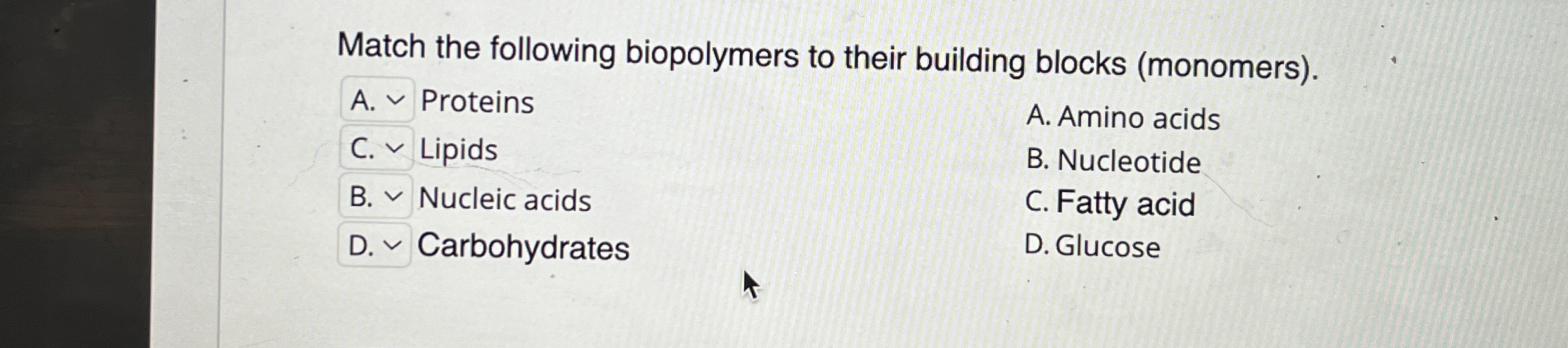 Solved Match the following biopolymers to their building | Chegg.com