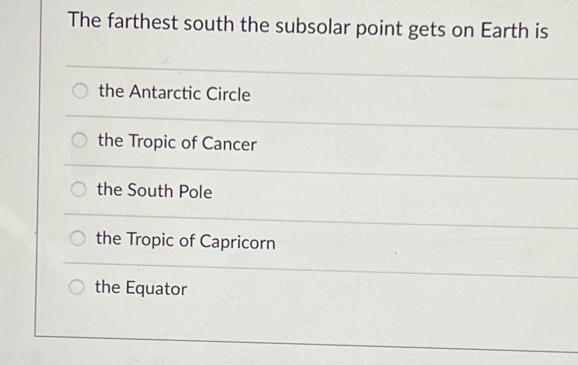 Solved The farthest south the subsolar point gets on Earth | Chegg.com