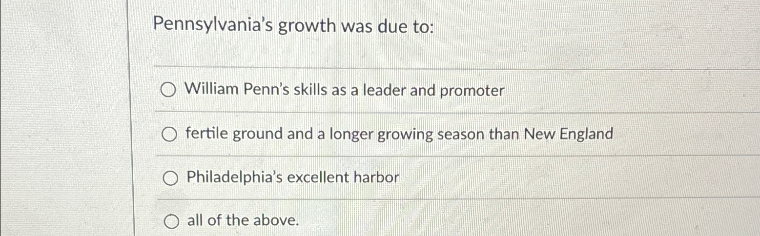 Solved Pennsylvania's growth was due to:William Penn's | Chegg.com