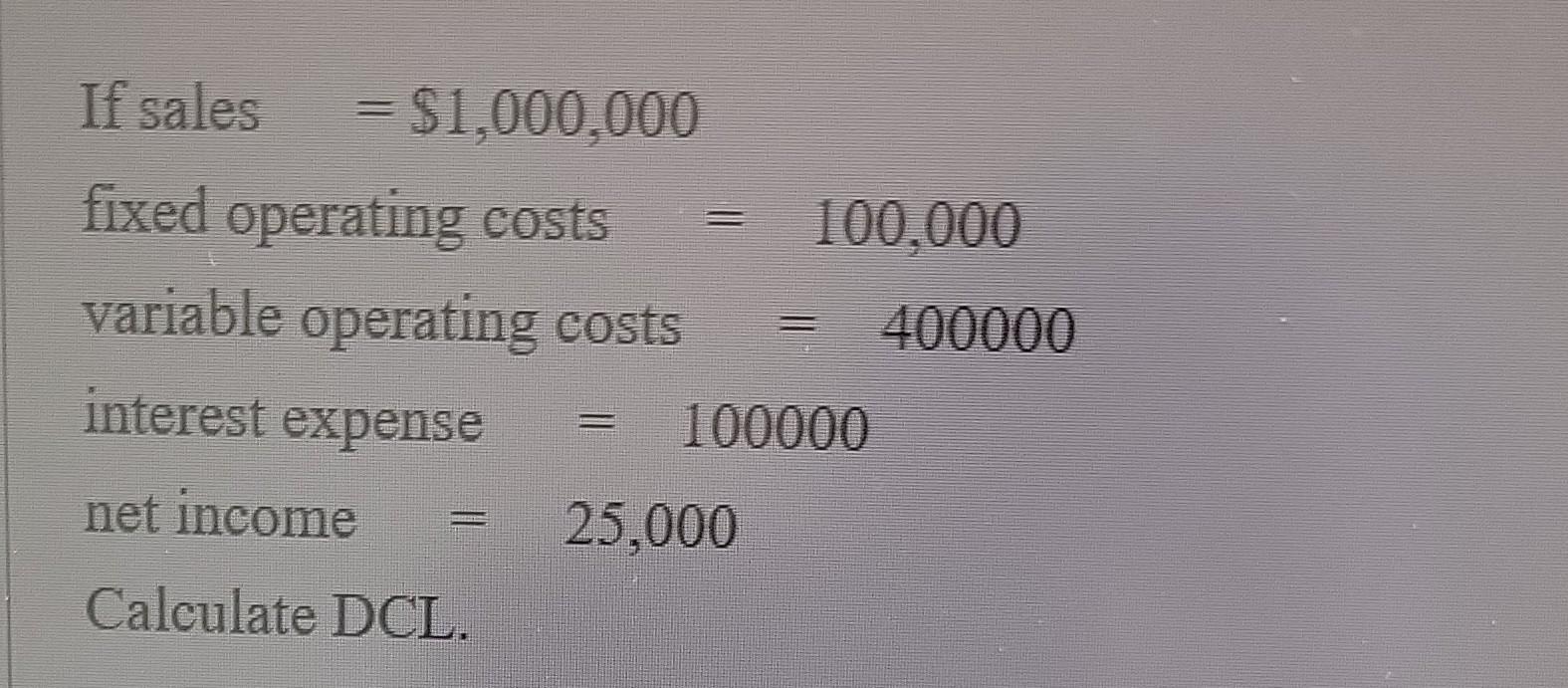Solved If sales =$1,000,000 fixed operating costs =100,000 | Chegg.com