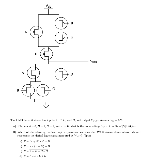 Solved The CMOS circuit above has inputs A,B,C, ﻿and D, ﻿and | Chegg.com