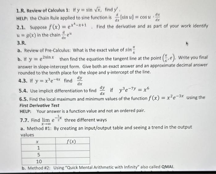 Solved 1.R. Review of Calculus 1: If y=sinx, find y′. HELP: | Chegg.com