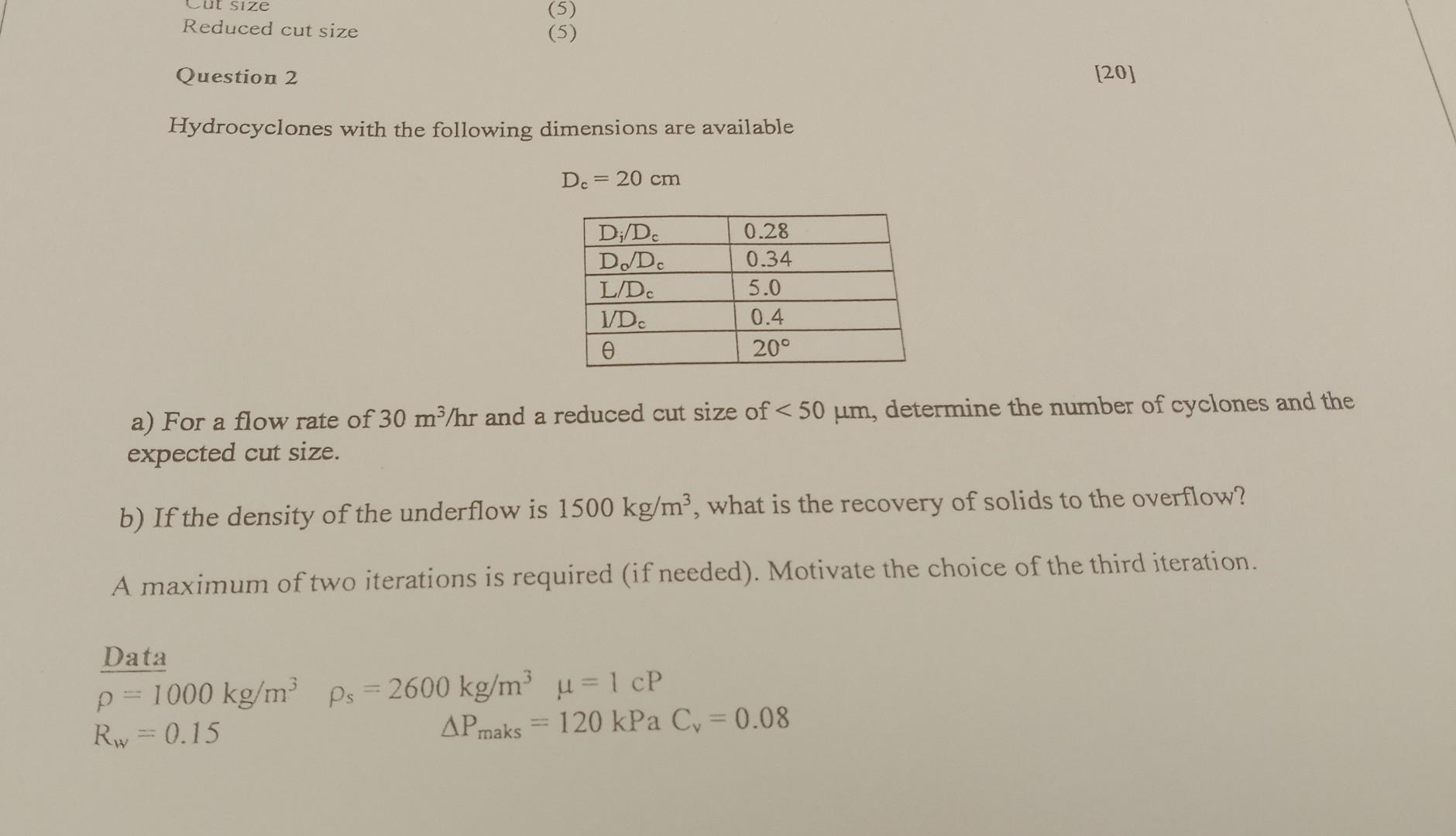 Solved Hydrocyclones with the following dimensions are | Chegg.com