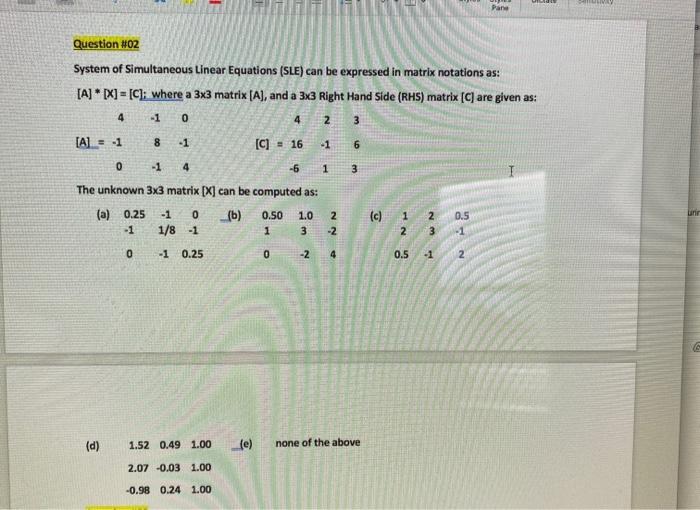 Solved Pane Question #02 System of Simultaneous Linear | Chegg.com