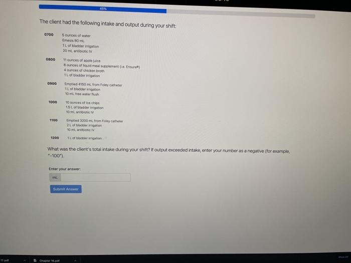 Solved 491 The client had the following intake and output | Chegg.com