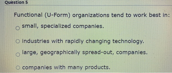 Solved Question 5 Functional (U-Form) organizations tend to | Chegg.com