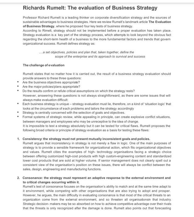 Richards Rumelt: The evaluation of Business Strategy | Chegg.com