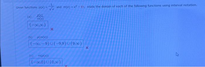 Solved Given functions p(x)=x1 and m(x)=x2−81, state the | Chegg.com
