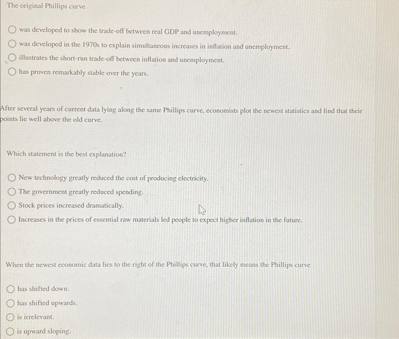 Solved The original Phillips curvewas developed to show the | Chegg.com