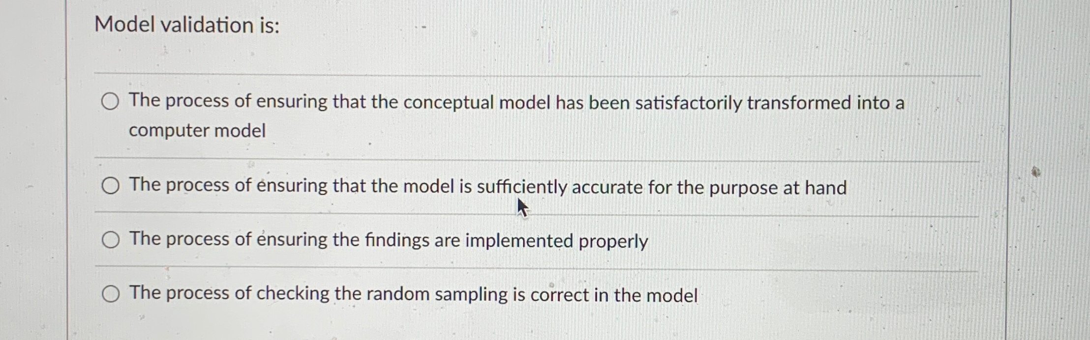 Solved Model validation is:The process of ensuring that the | Chegg.com
