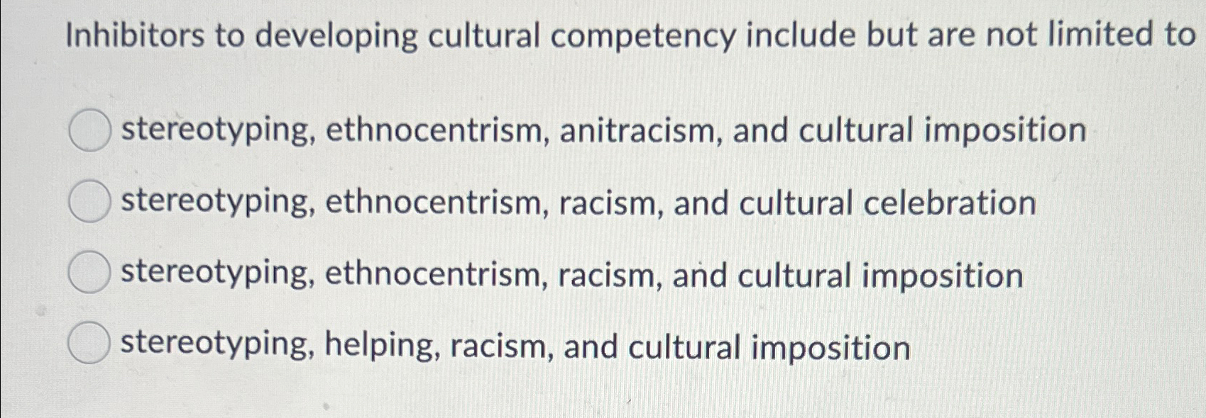 Solved Inhibitors to developing cultural competency include | Chegg.com