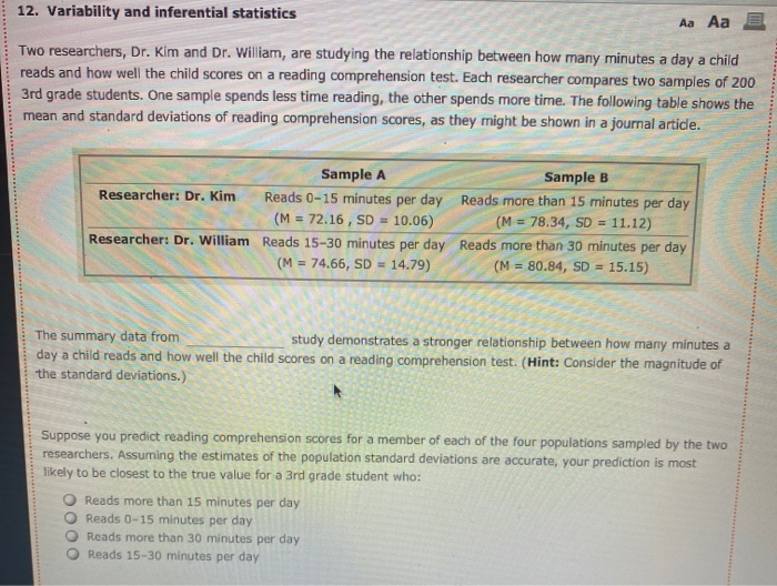 Solved 12. Variability and inferential statistics Aa Aa Two | Chegg.com Solved 12. Variability and inferential statistics Aa Aa Two | Chegg.com