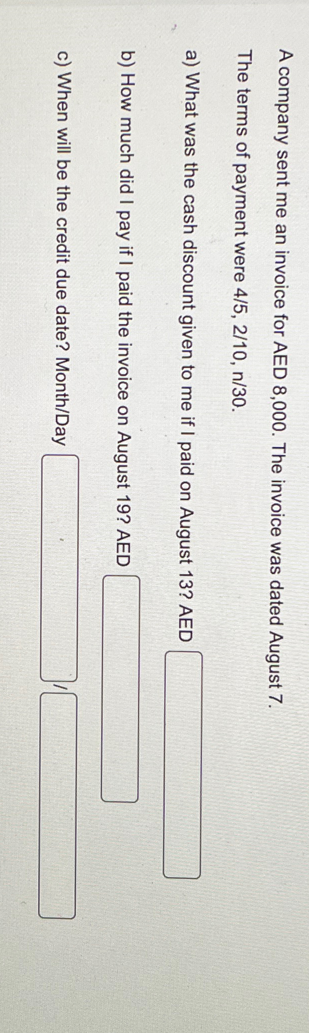 Solved A company sent me an invoice for AED 8,000. ﻿The | Chegg.com