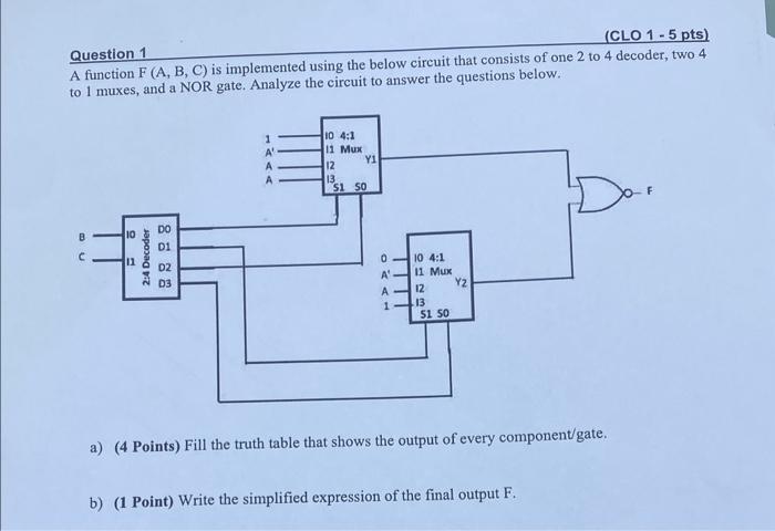Solved Question 1 A function F (A, B, C) is implemented | Chegg.com