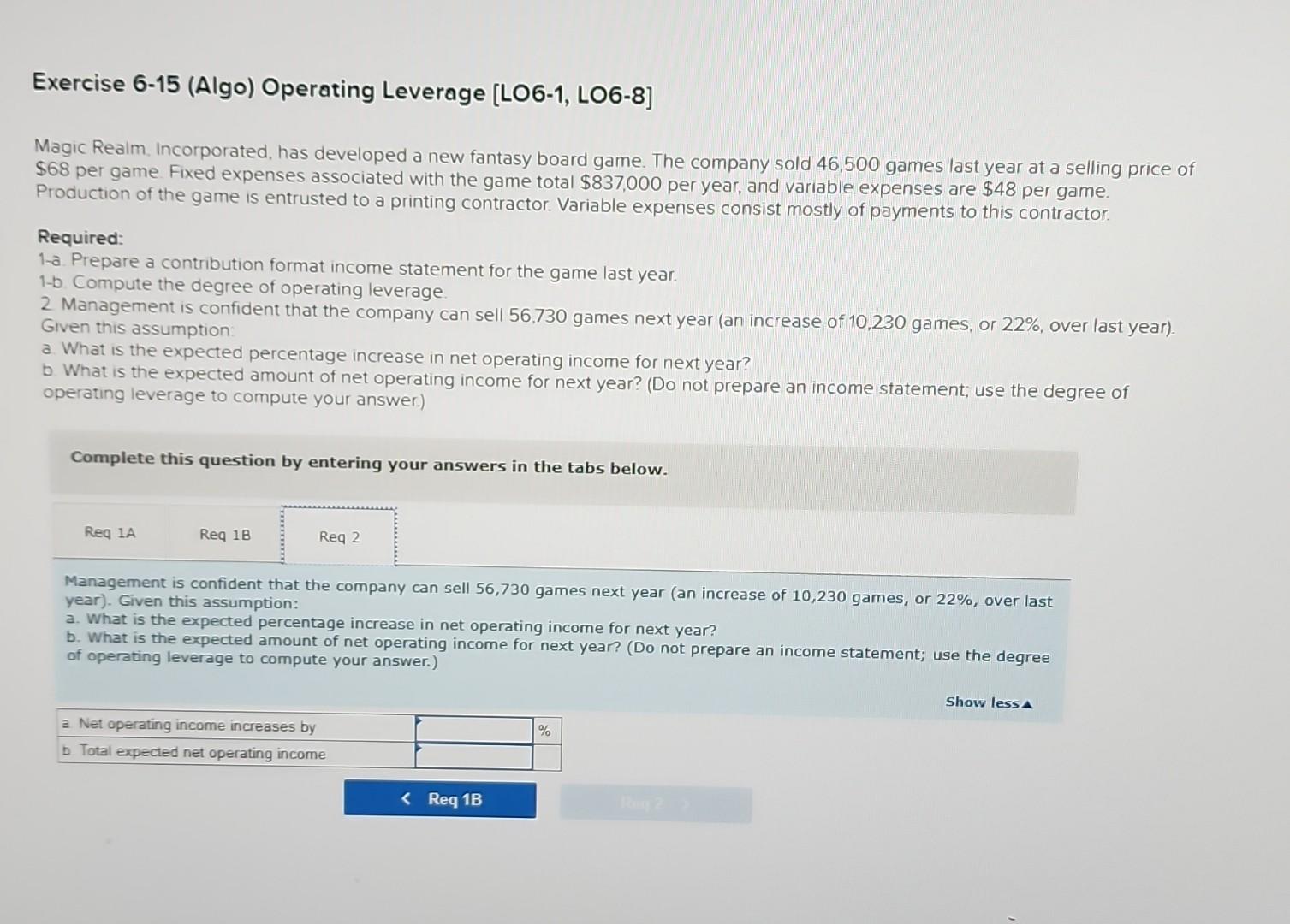 Exercise 6-15 (Algo) Operating Leverage [LO6-1, | Chegg.com