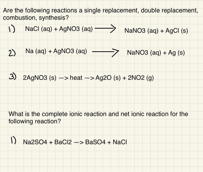 Solved Are the following reactions a single replacement, | Chegg.com